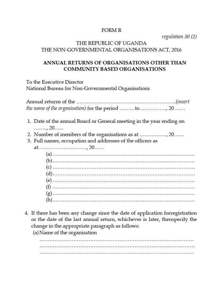 FORM R Annual Returns of Organizations Other Than Community Based ...