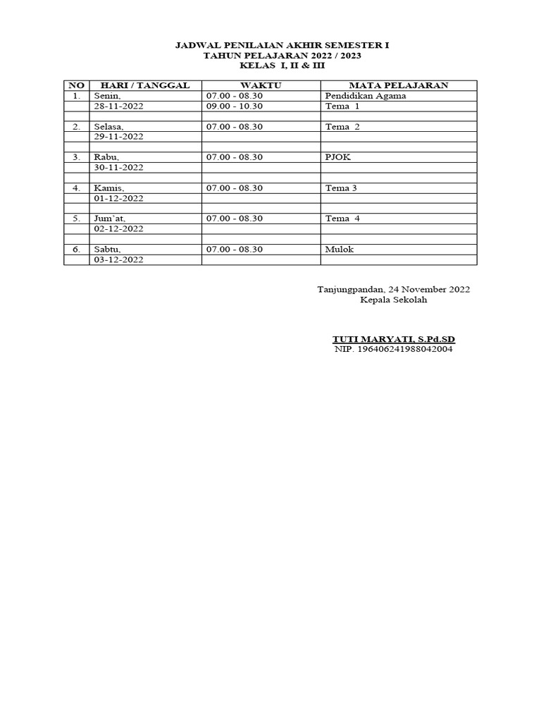 Jadwal Pas I 2022-2023 | PDF
