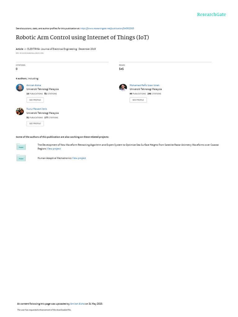 Robotic Arm Control Using Internet of Thing Iot | PDF | Internet Of Things | Robotics