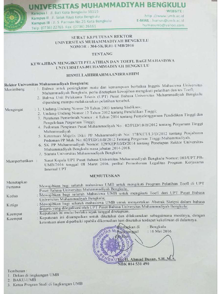 SK Rektor UMB Tentang TOEFL | PDF