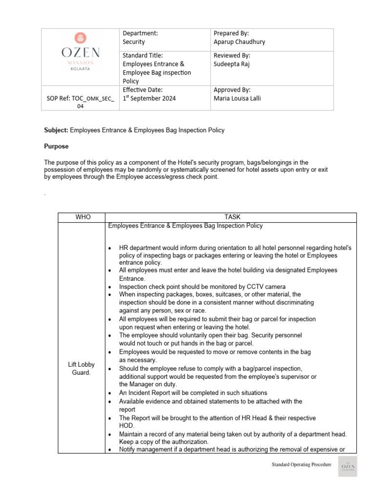Employees Entrance & Employee Bag Inspection Policy | PDF