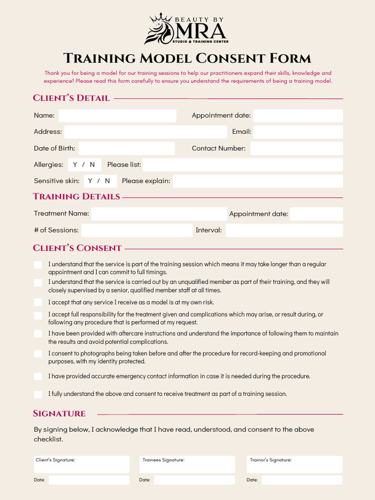 Training Model Consent Form | PDF | Consent | Health Care