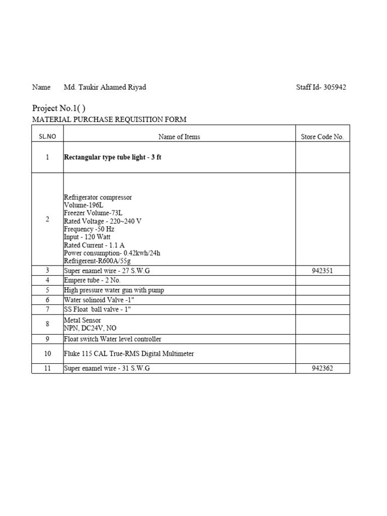 Material Purchase Requisition Form | PDF | Refrigerator | Electric Power