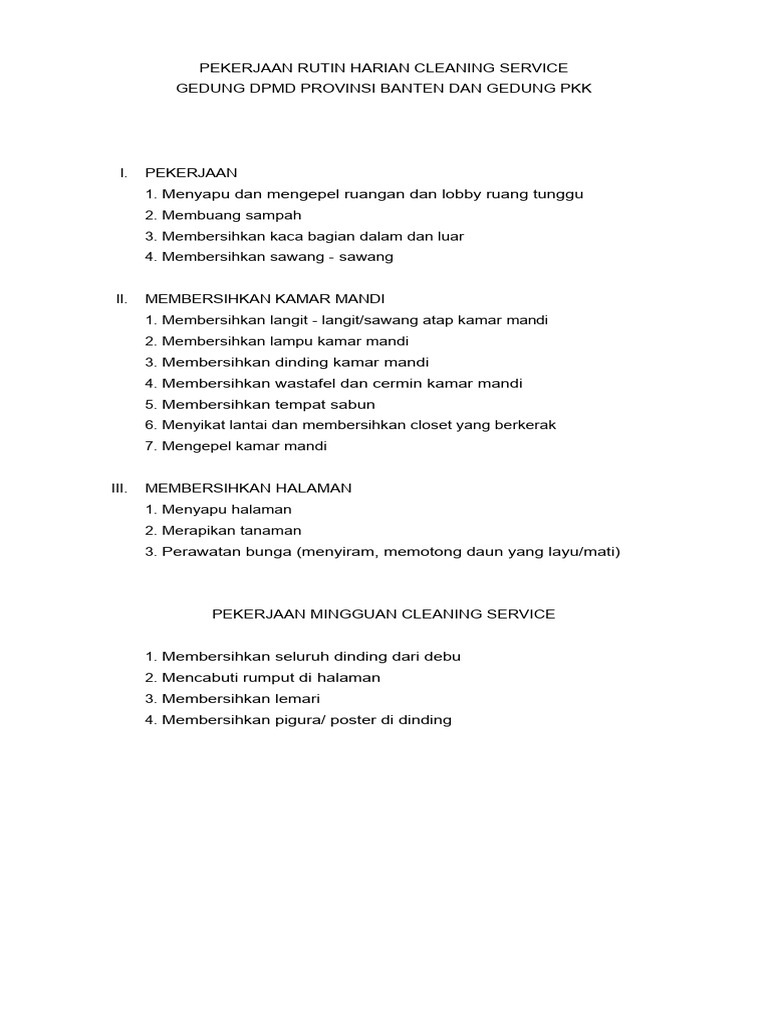 Dokumen - Tips Pekerjaan Rutin Harian Cleaning Service | PDF