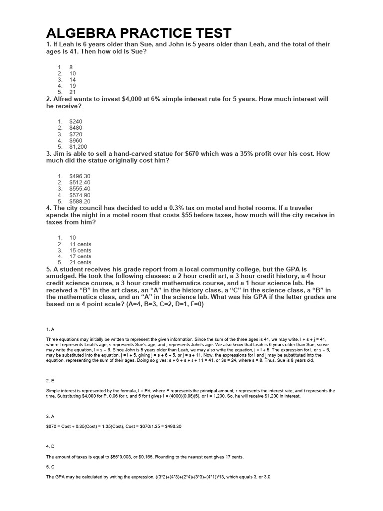 Algebra Practice Tests | PDF | Interest | Mathematics