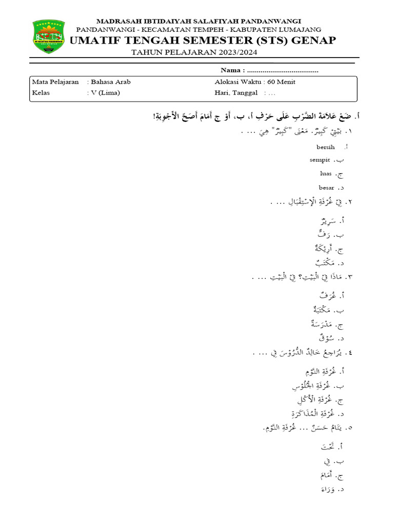 2.3 Naskah Soal Mapel Bahasa Arab Kelas 5 Fase C | PDF