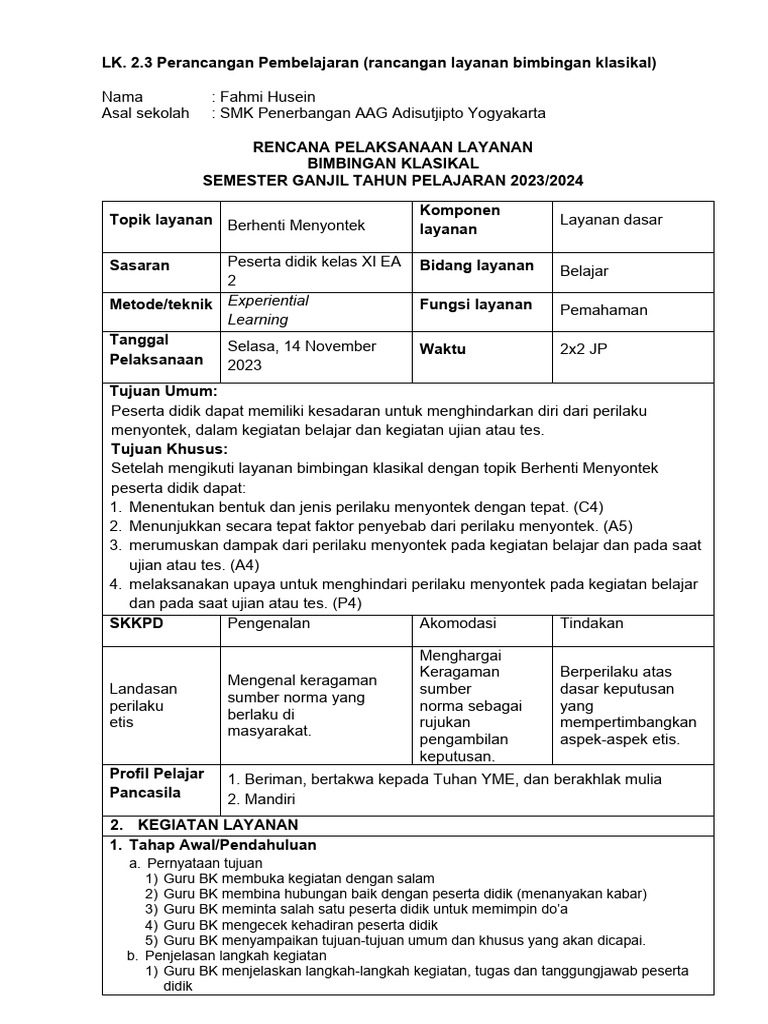 RPL Bimbingan Dan Konseling Layanan Klasikal Dengan Instrumen Evaluasi ...