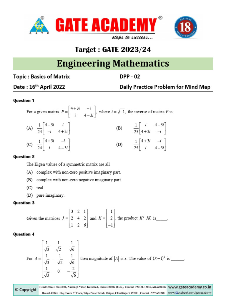 Mathematics Test 16-04-22 Student | PDF | Matrix (Mathematics ...
