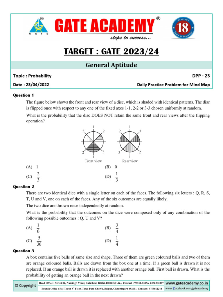DPP-23 Probability (Student Sheet) | PDF | Probability | Dice