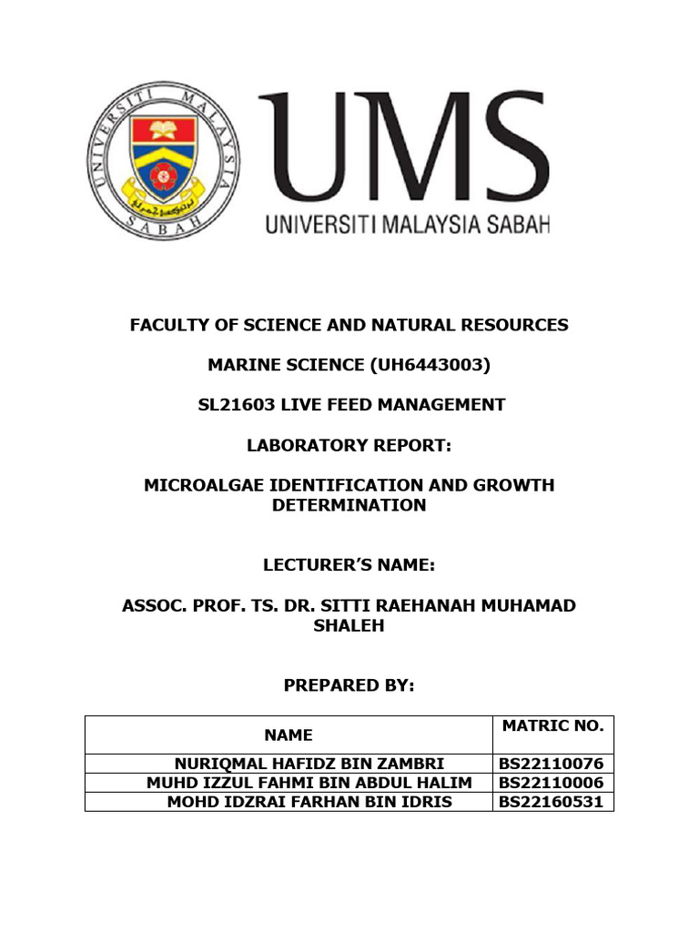 Sl21603 - Lab Practical 1 - Group 4 - Lab Report Live Feed Management Microalgae Identification ...