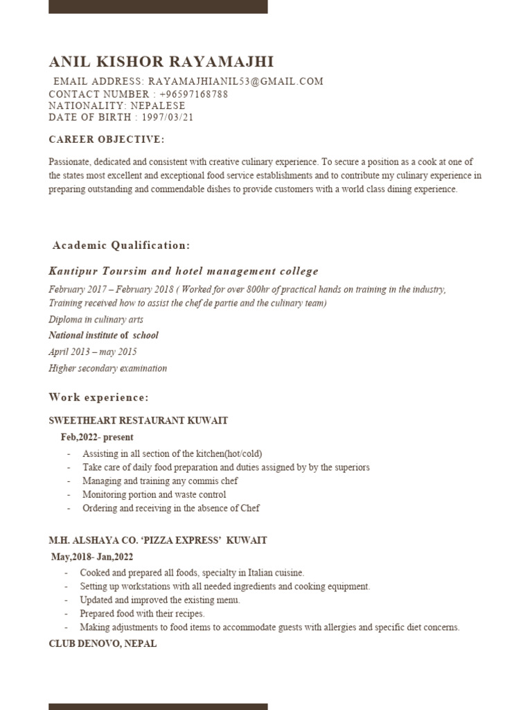 Anil CV | PDF | Chef | Kitchen