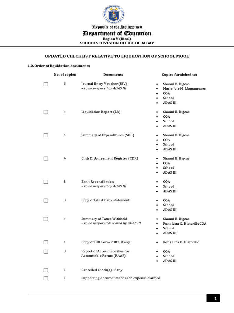 Updated Checklist Relative To Liquidation of School Mooe 1 | PDF | Procurement | Receipt