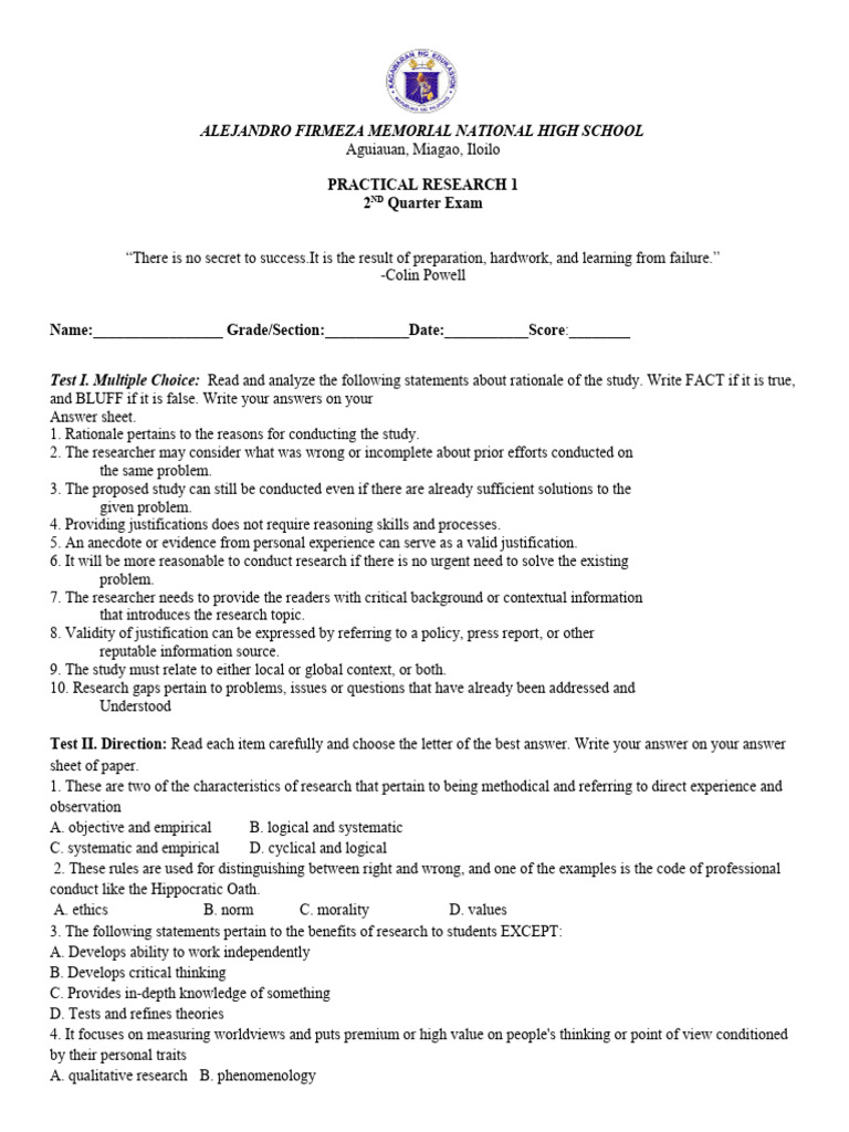 Practical Research 1 Exam Guide | PDF | Liberal Arts Education