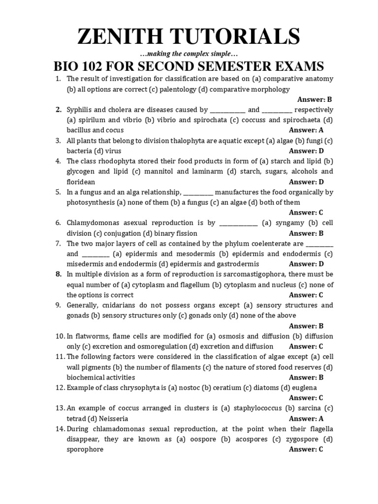 Zenith Bio 102 Exam Questions | PDF | Bacteria | Algae