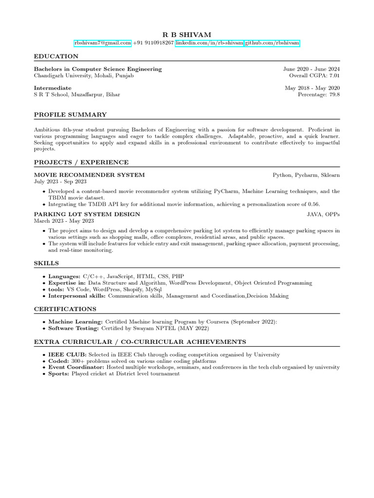Coles Resume Template 1 | PDF | Computer Programming | Machine Learning