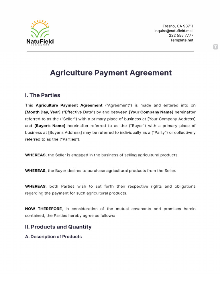 Agriculture Payment Agreement Template - Edit Online & Download Example ...