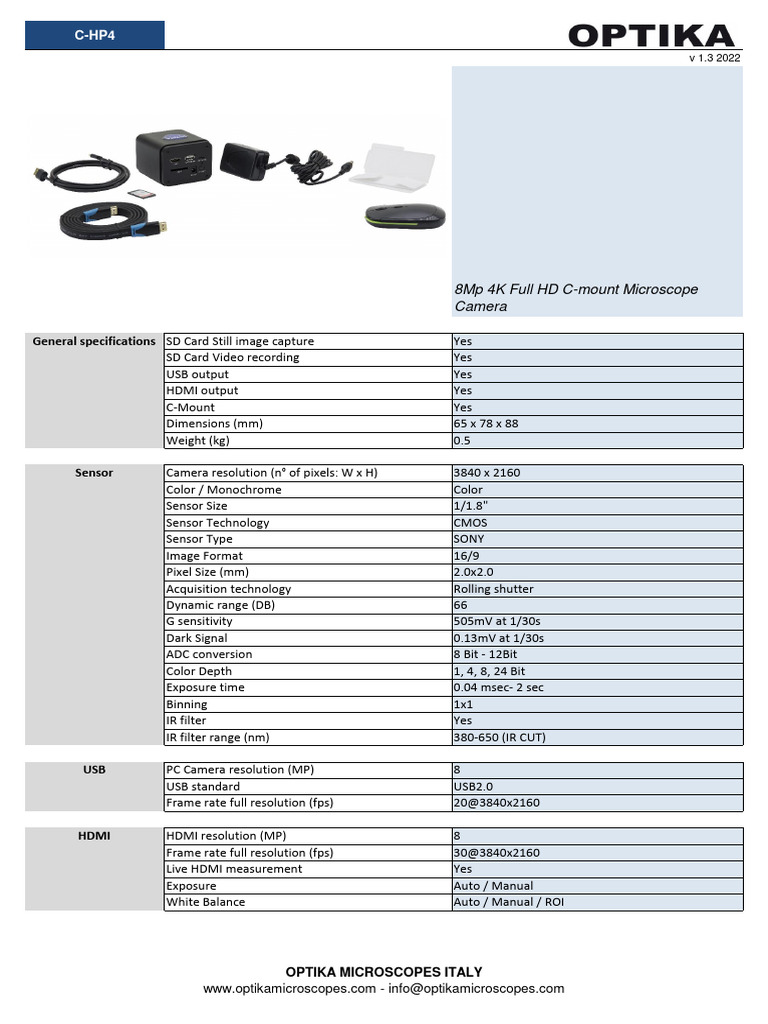 OPTIKA C-HP4 Technical Datasheet | PDF | Hdmi | Camera
