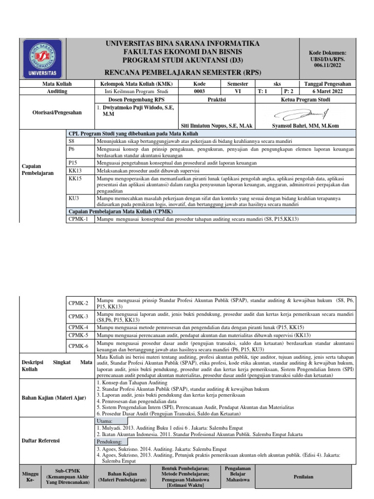 RPS Auditing D3 Akuntansi UBSI 2022 | PDF