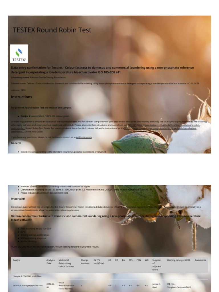 TESTEX Round Robin Test: Instructions | PDF | Textiles