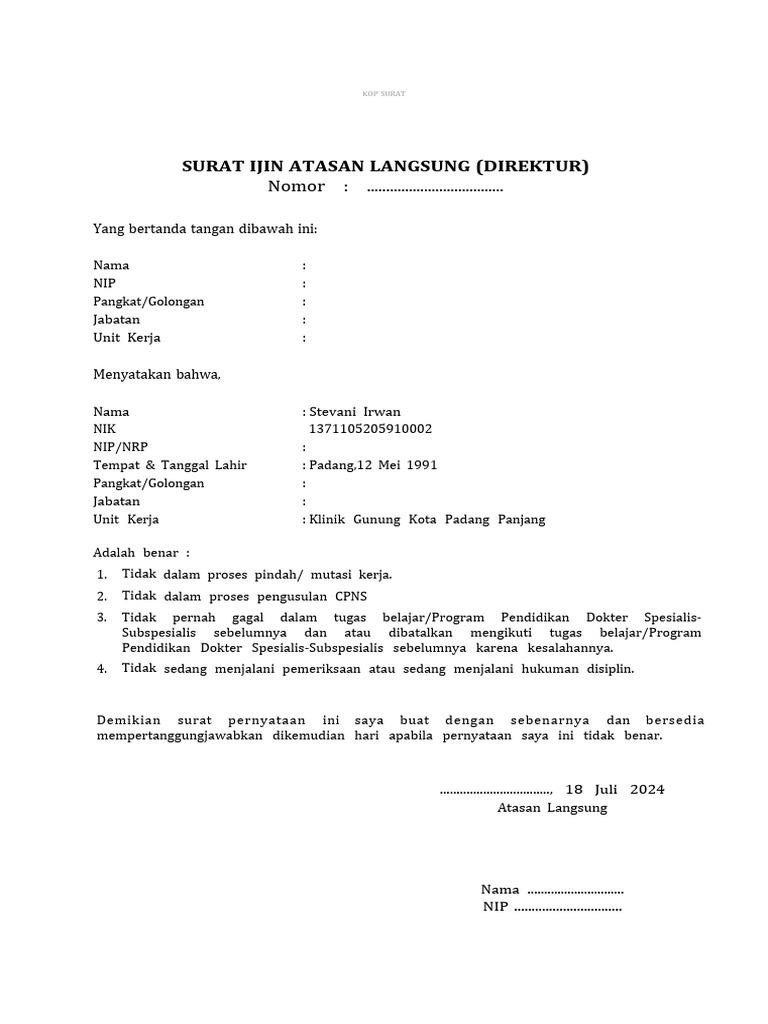 Surat Ijin Atasan Langsung | PDF