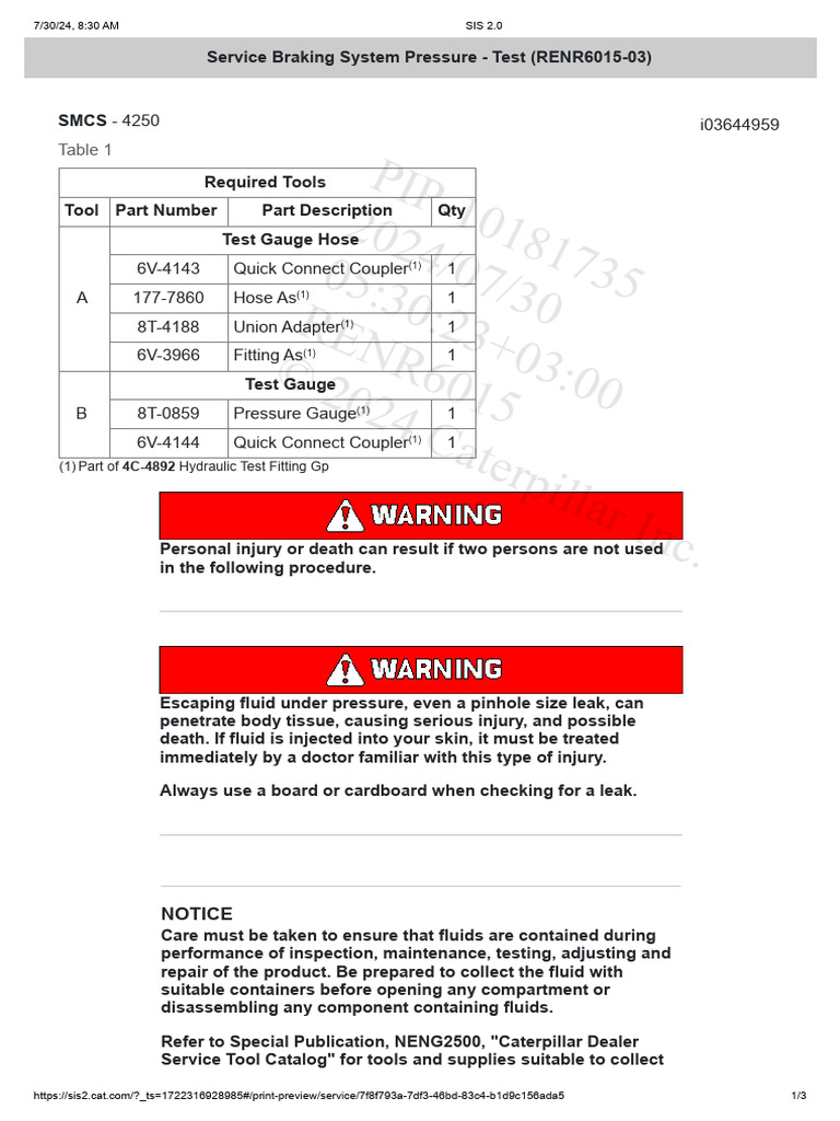 Service Braking System Pressure - Test (RENR6015-03) | PDF | Brake ...