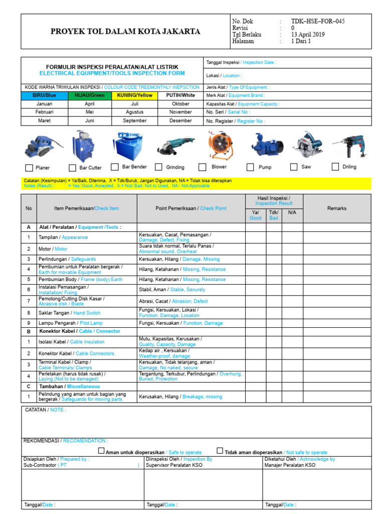 TDK-HSE-FOR-045 Form Inspeksi Peralatan Listrik (Quarterly) Jakon | PDF