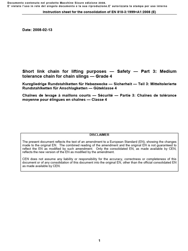 EN 818 3 1999+A1 2008 Short Link Chain For Lifting Purposes - Safety | PDF | Heat Treating | Steel