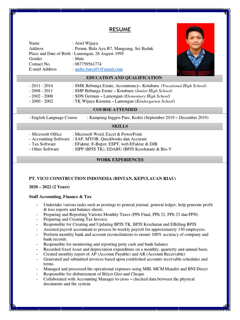 Resume Ariel (Batam) Bahasa Inggris | PDF | Accounts Payable | Expense