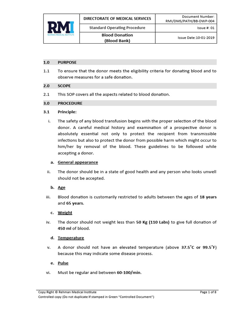 004 SOP For Procedure For Blood Donation | PDF | Vaccines | Blood Donation