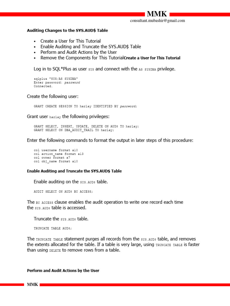 Auditing Changes To The SYS - AUD$ Table | PDF | User (Computing) | Sql