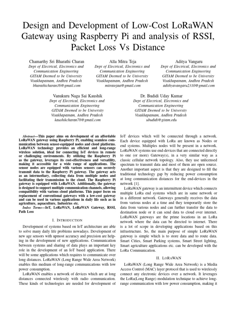 Design and Development of Low Cost LoRaWAN Gateway Using Raspberry Pi and Analysis of RSSI ...