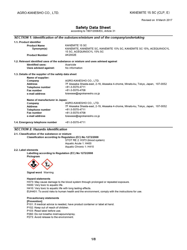 Kanemite 15 SC Acaricide Safety Data | PDF | Dangerous Goods | Safety