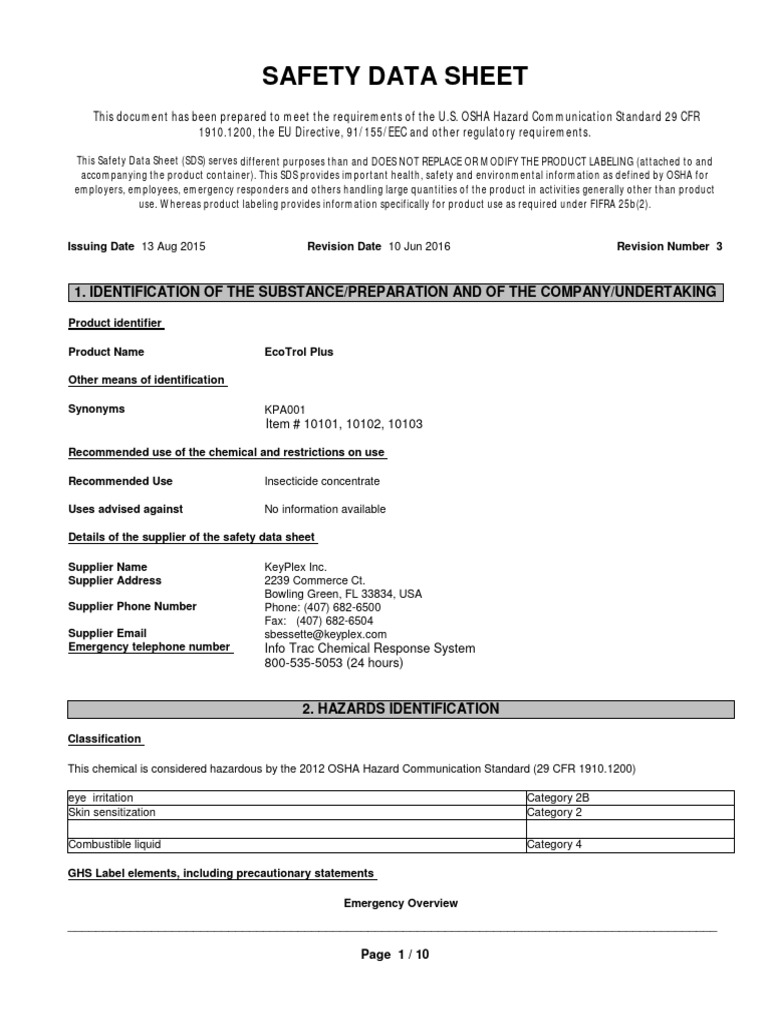 EcoTrol Plus Safety Data Sheet | PDF | Water | Combustion