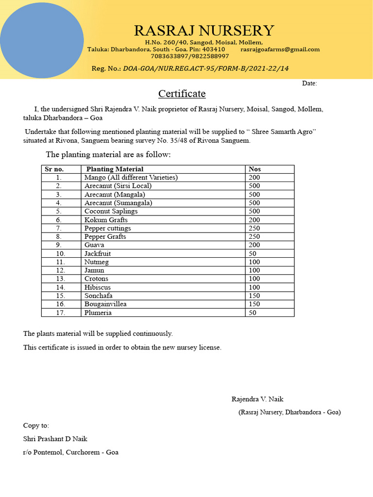 Rasraj Nursery License Certificate | PDF | Botany | Plants