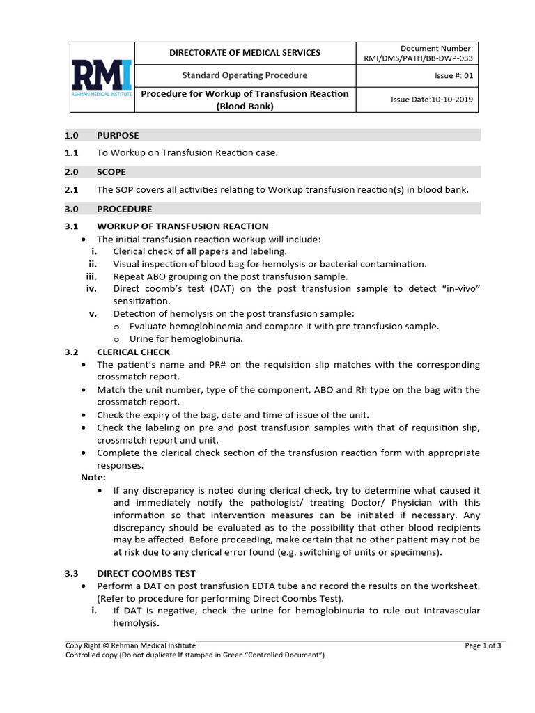 033 SOP For Procedure For Workup of Transfusion Reaction | PDF | Blood ...