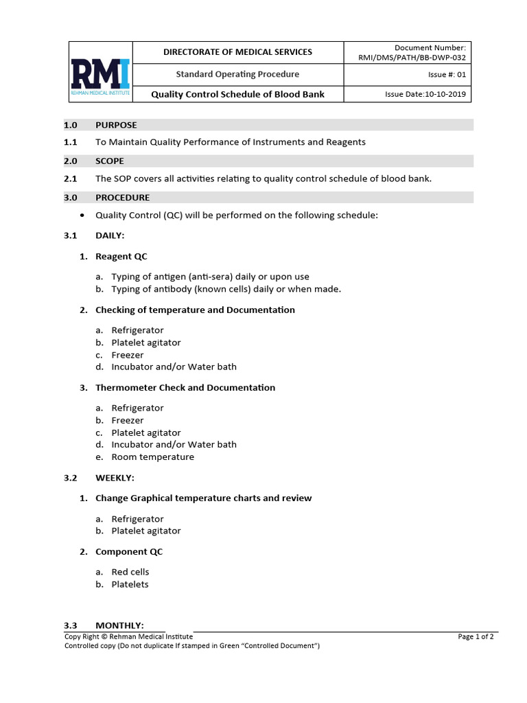 Blood Bank Quality Control SOP | PDF | Refrigerator | Platelet