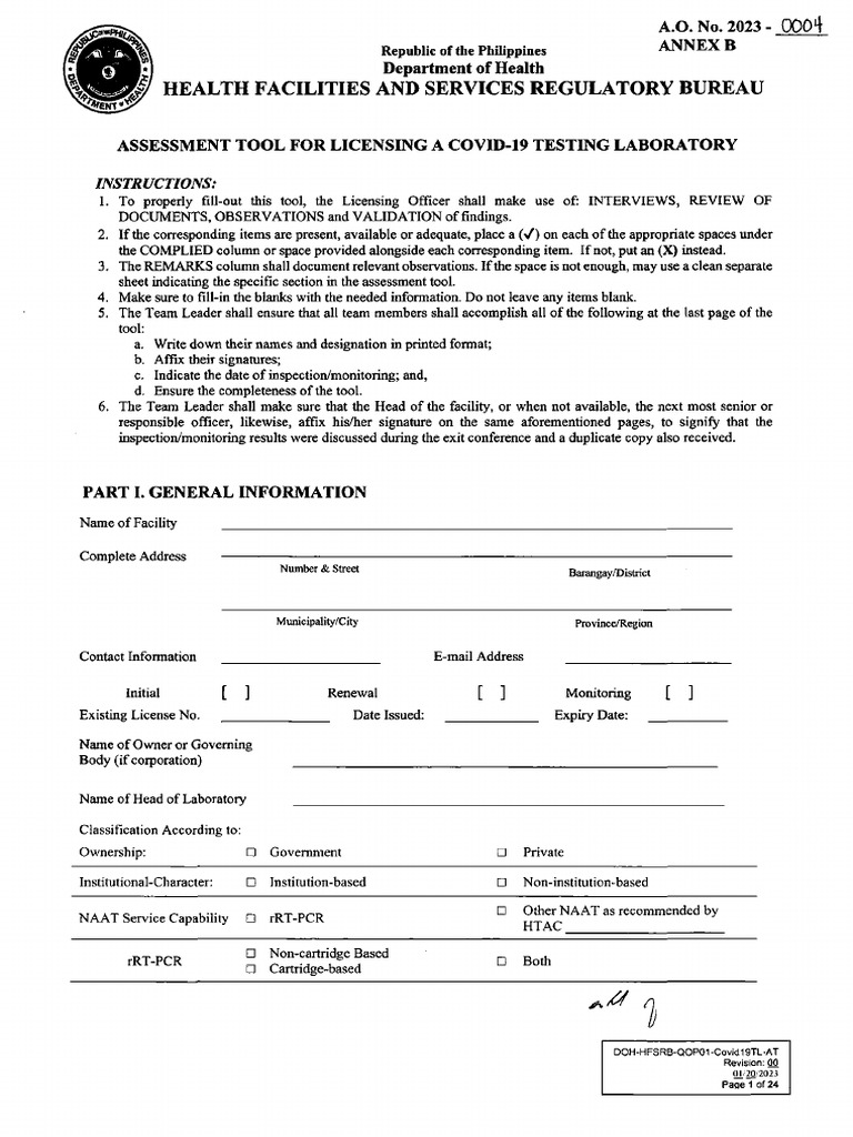06 DOH Assessment Tool - COVID-19 Laboratory | PDF | Safety