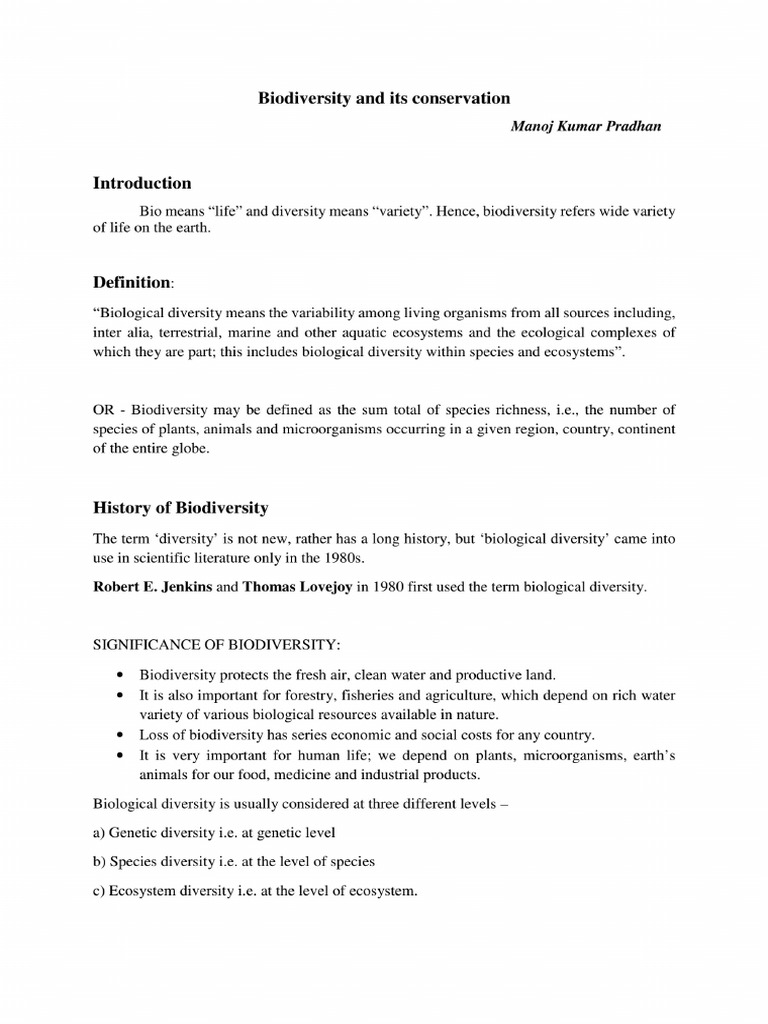 Introduction and Levels of Biodiversity | PDF