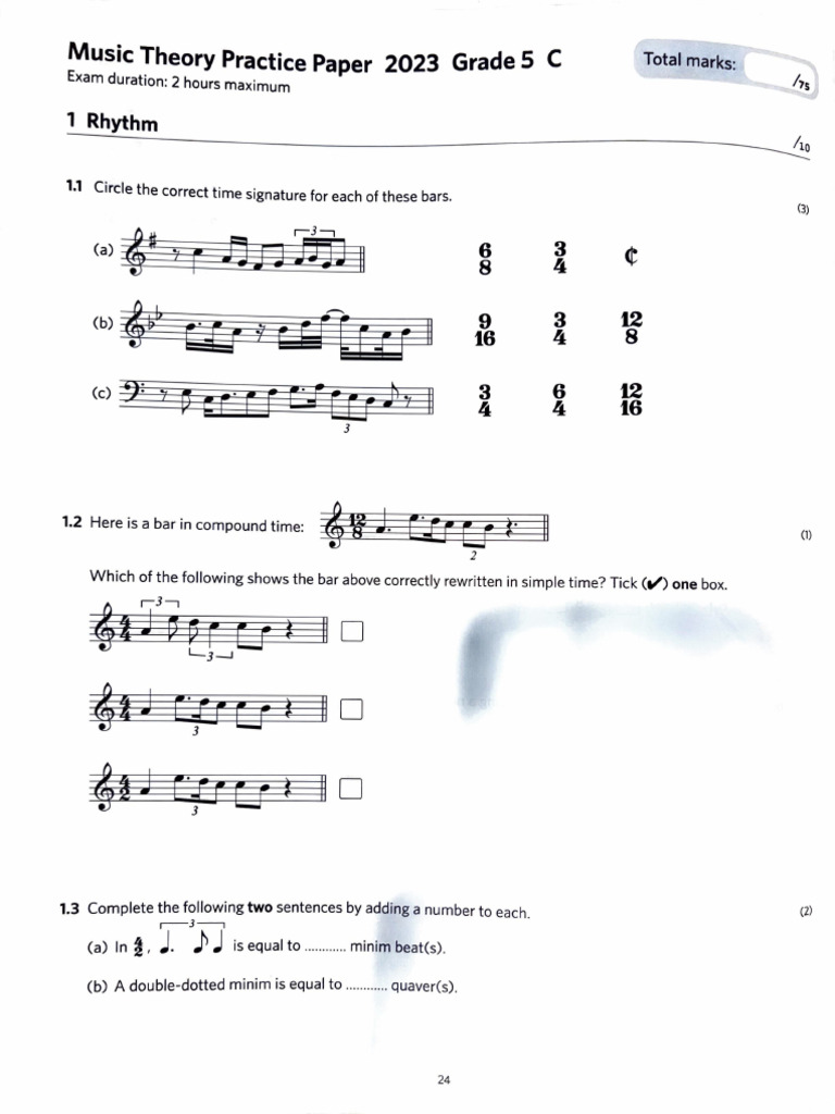 Theory Practice Paper 2023 Grade 5 C | PDF | Musicology | Musical Notation