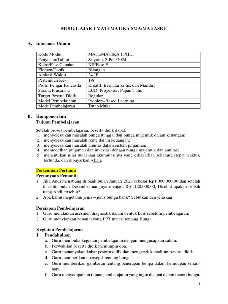 Modul Ajar Matematikakls 12 Sriyono | PDF
