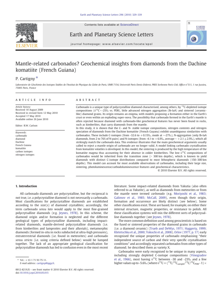 2010 EPSL Cartigny | PDF | Diamond | Magma