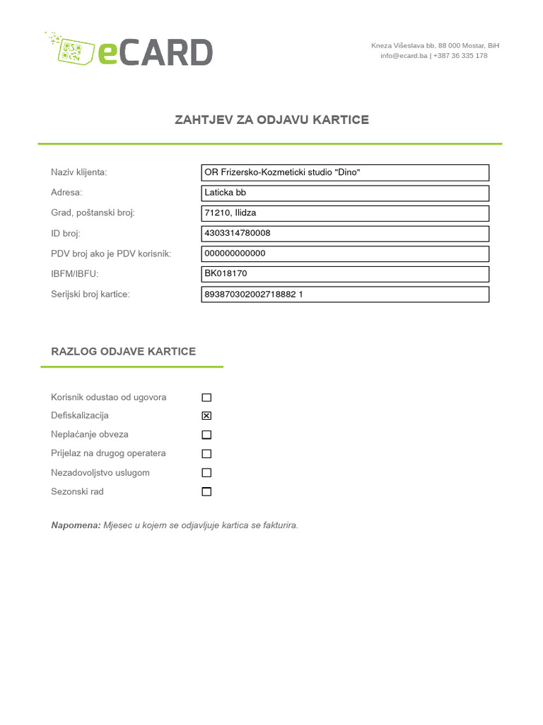 eCARD-zahtjev Za Odjavu Kartice Dino | PDF