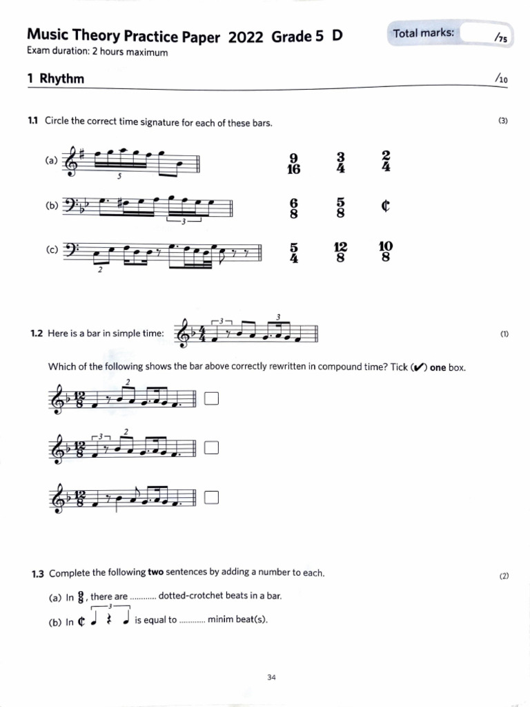 Theory Practice Paper 2022 Grade 5 D | PDF | Oboe | Pitch (Music)