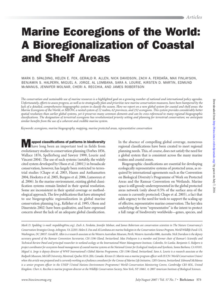 Spalding Et Al. 2007. Marine Ecoregions of The World A Bioregionalization of Coastal and Shelf ...