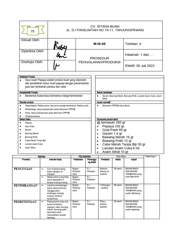 Form. SOP Pengolahan (CV ISTANA BUAH) (KOREKSI) | PDF
