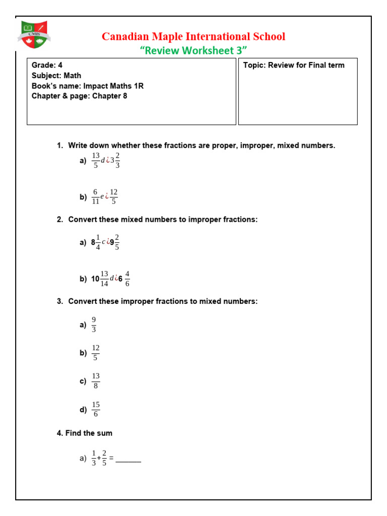 G4 MATH RWS2 Fraction T2 23-24 | PDF | Elementary Mathematics | Arithmetic