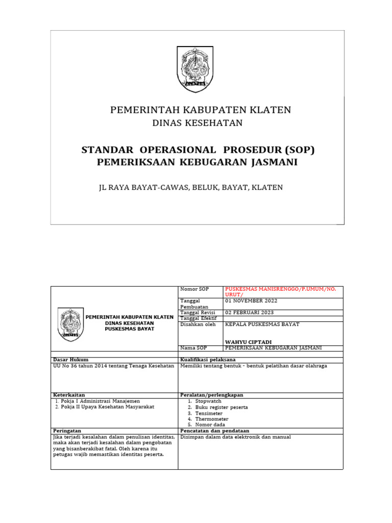 Sop Pemeriksaan Kebugaran Jasmani | PDF