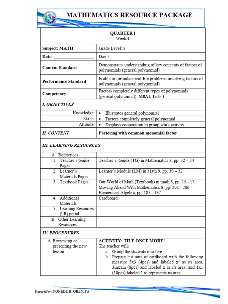 DLL-8 (Week 1, Day 5) | PDF | Mathematics | Factorization