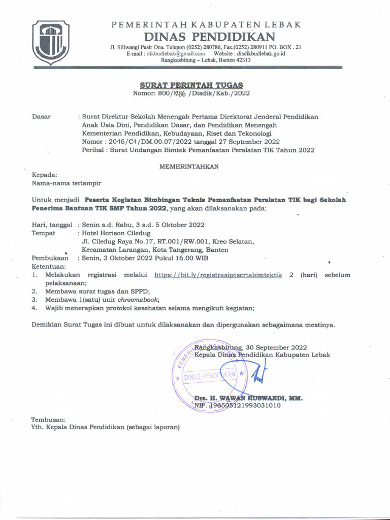 Surat Tugas Bimtek Tik | PDF