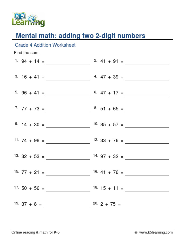 Grade 4 Addition Worksheet - Adding Two 2-Digit Numbers1 | PDF